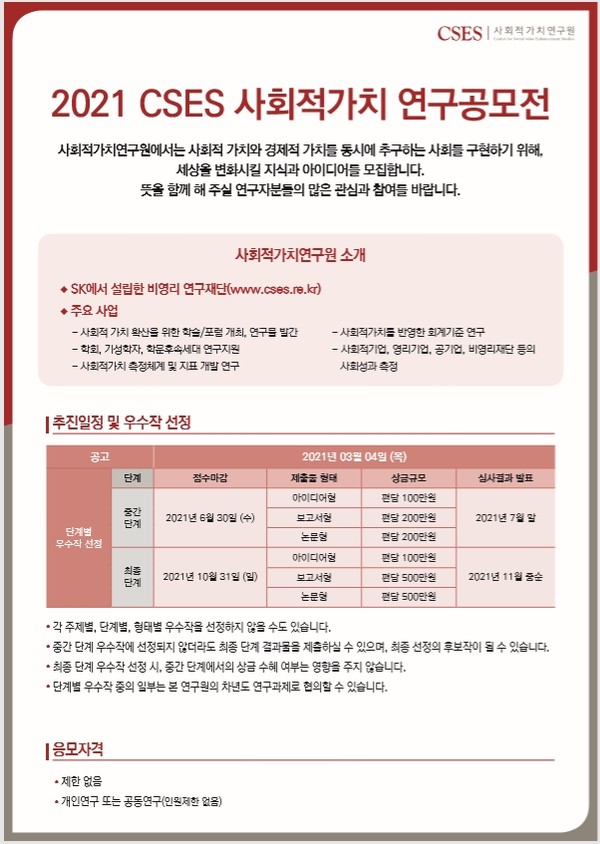 사회적가치연구원, 2021 CSES 사회적가치 연구공모전 개최